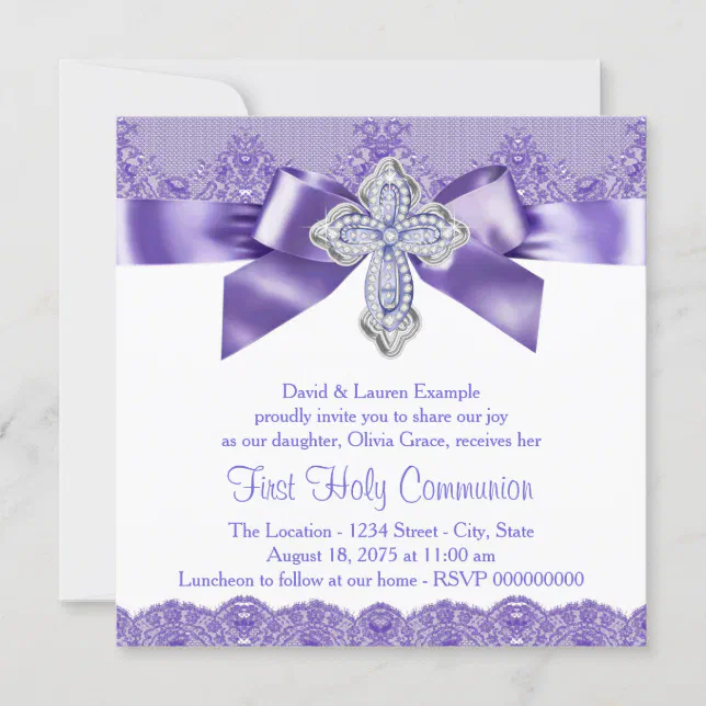 Purple Lace Cross First Holy Communion Invitation | Zazzle
