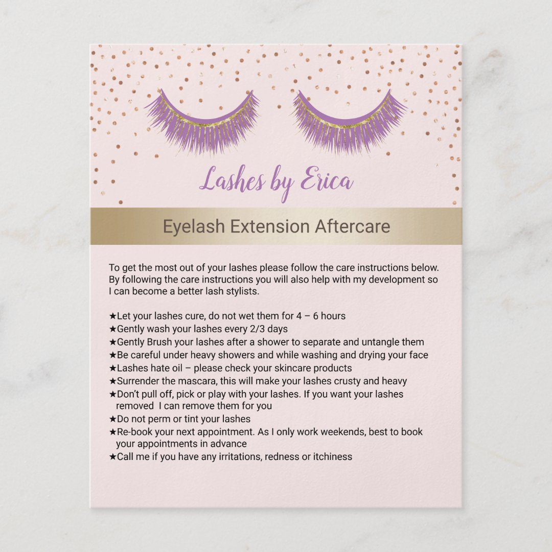 Purple Lashes Salon Eyelash Aftercare Instruction Flyer | Zazzle