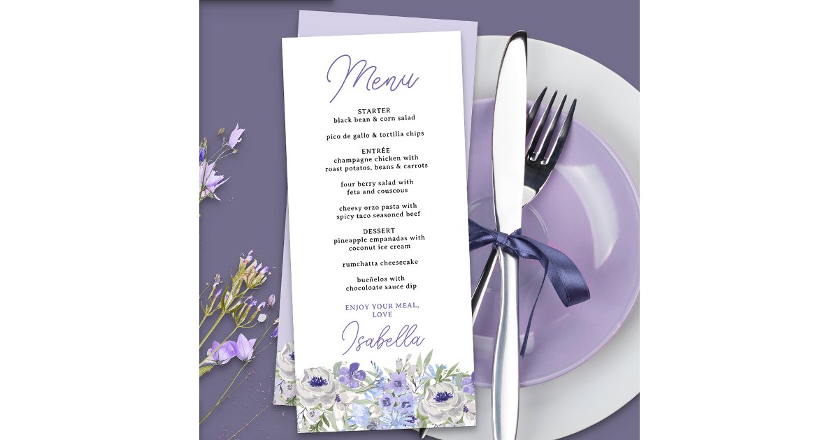 Purple Lavender Floral Border Dinner Menu | Zazzle