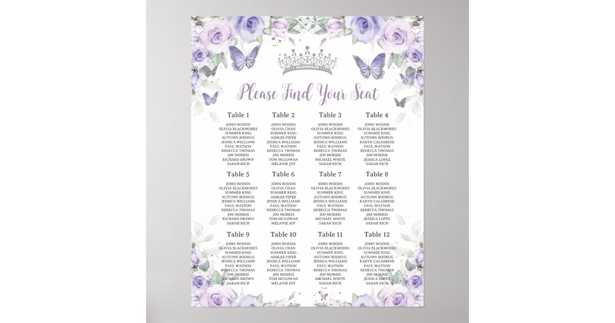 Purple Lavender Floral Butterflies Seating Chart | Zazzle