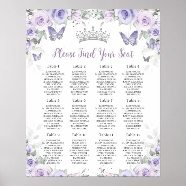 Purple Lavender Floral Butterflies Seating Chart | Zazzle