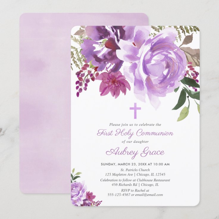 Purple lavender floral first holy communion girl invitation | Zazzle