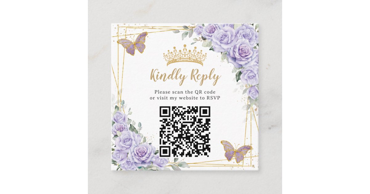 Purple Lavender Floral Gold Quinceañera QR Code Enclosure Card | Zazzle