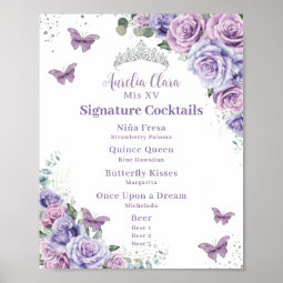 Purple Lavender Floral Quinceanera Bar Drink Menu Poster | Zazzle