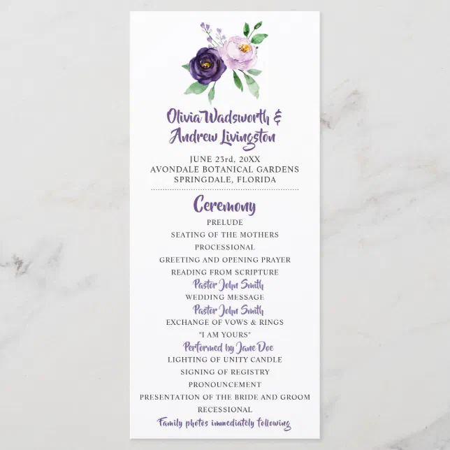 Purple & Lavender Floral Wedding Program | Zazzle