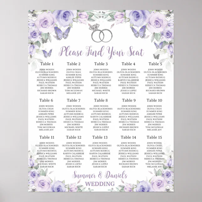 Purple Lavender Floral Wedding Rings Seating Chart | Zazzle