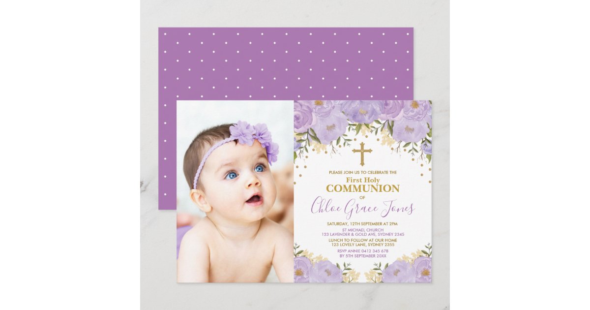 Purple Lavender Gold Floral First Holy Communion Invitation | Zazzle