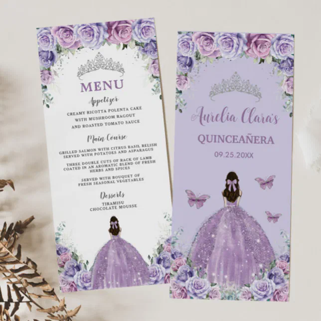 Purple Lavender Lilac Rose Floral Quinceañera Menu | Zazzle
