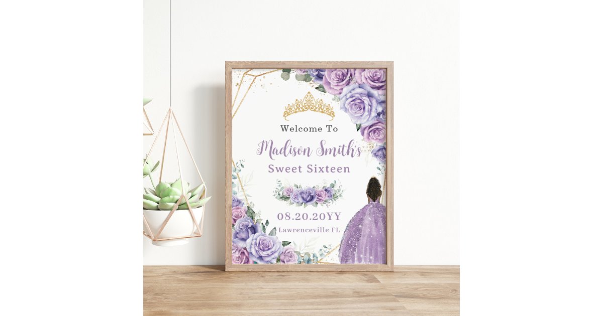 Purple Lavender Roses Brown Princess Birthday Gold Poster | Zazzle