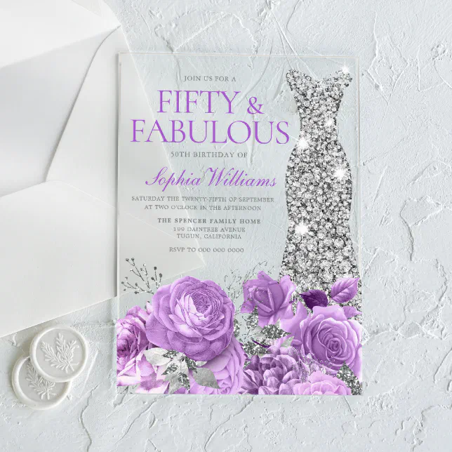 Purple Lavender & Silver 50th Birthday Party Acrylic Invitations | Zazzle
