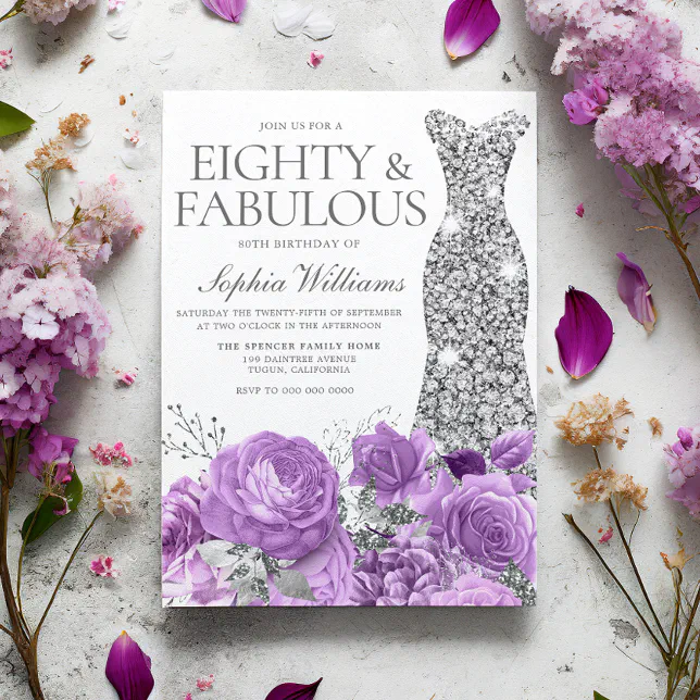 Purple Lavender & Silver 80th Birthday Party Invitation | Zazzle