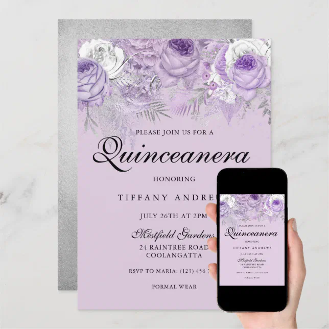 Purple Lavender Silver Flowers Quinceanera Party Invitation | Zazzle