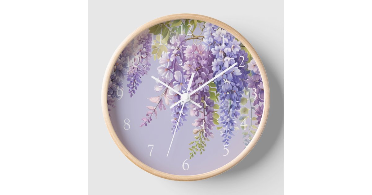 Purple lavender watercolor floral wisteria lilac clock | Zazzle