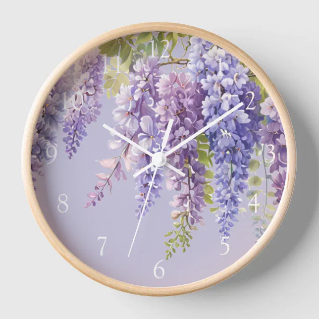 Purple lavender watercolor floral wisteria lilac clock | Zazzle