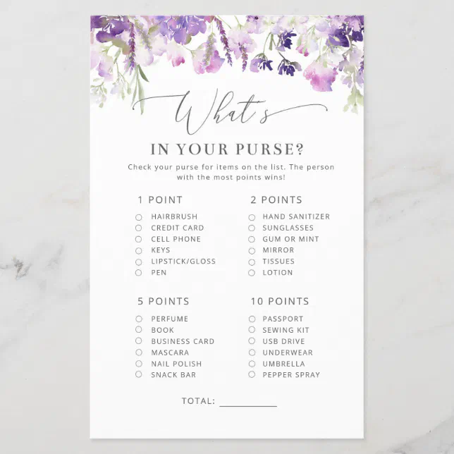 Purple lavender what's in your purse game | Zazzle
