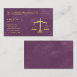 Purple Lawyer Scales of Justice Gold effect Canvas Business Card | Zazzle