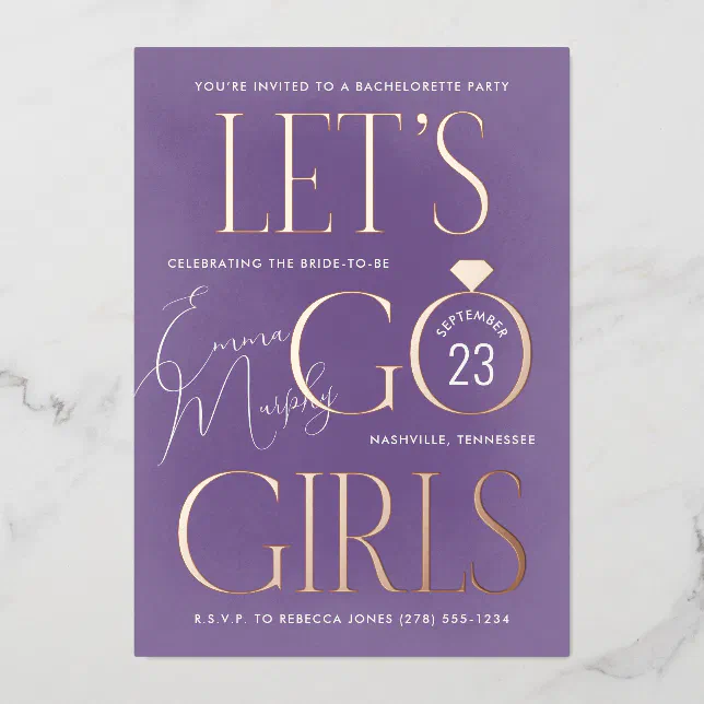 Purple Lets Go Girls Bachelorette Party Foil Invitation | Zazzle