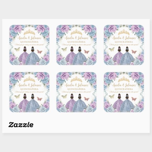 Purple Lilac Baby Blue Floral Twins Quinceañera Square Sticker | Zazzle