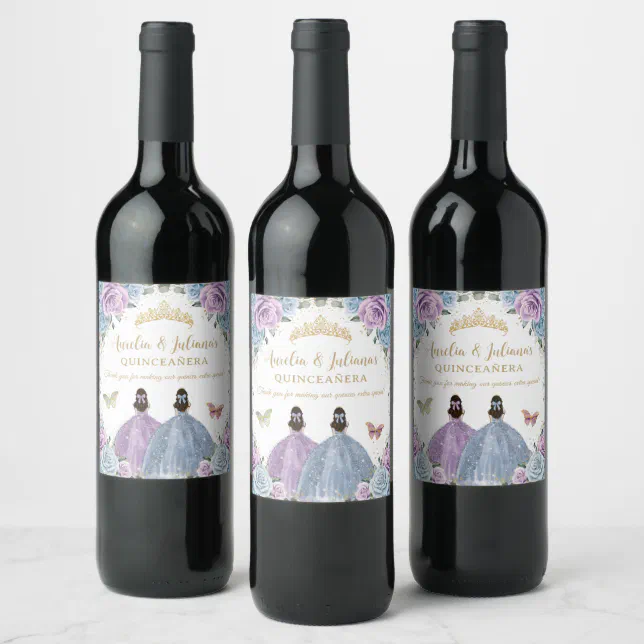 Purple Lilac Baby Blue Floral Twins Quinceañera Wine Label | Zazzle