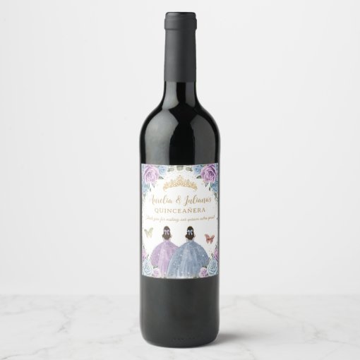 Purple Lilac Baby Blue Floral Twins Quinceañera Wine Label | Zazzle