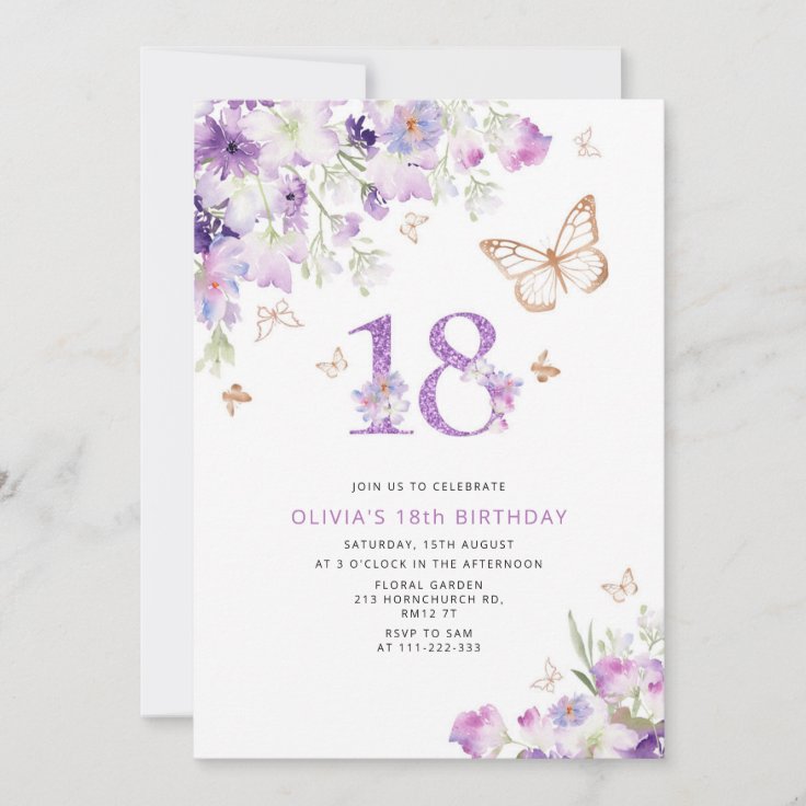 Purple Lilac Butterflies 18th birthday Invitation | Zazzle