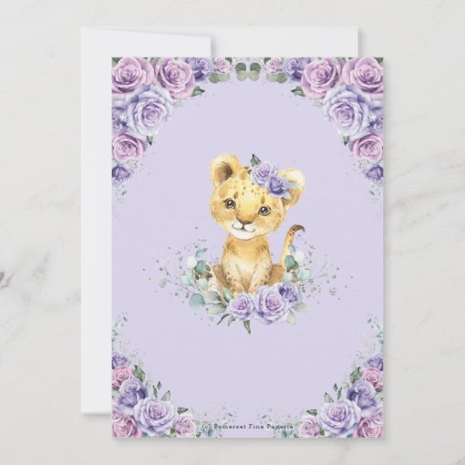 Purple Lilac Floral Adorable Lion Cub Baby Shower Invitation | Zazzle
