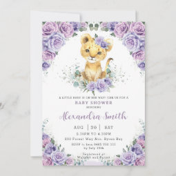 Purple Lilac Floral Adorable Lion Cub Baby Shower Invitation | Zazzle