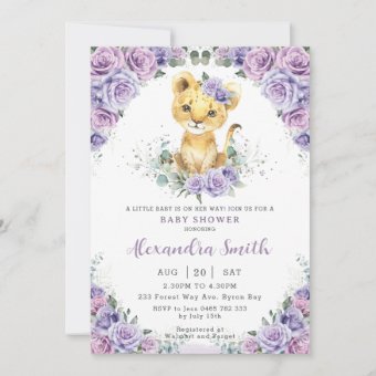 Purple Lilac Floral Adorable Lion Cub Baby Shower Invitation | Zazzle