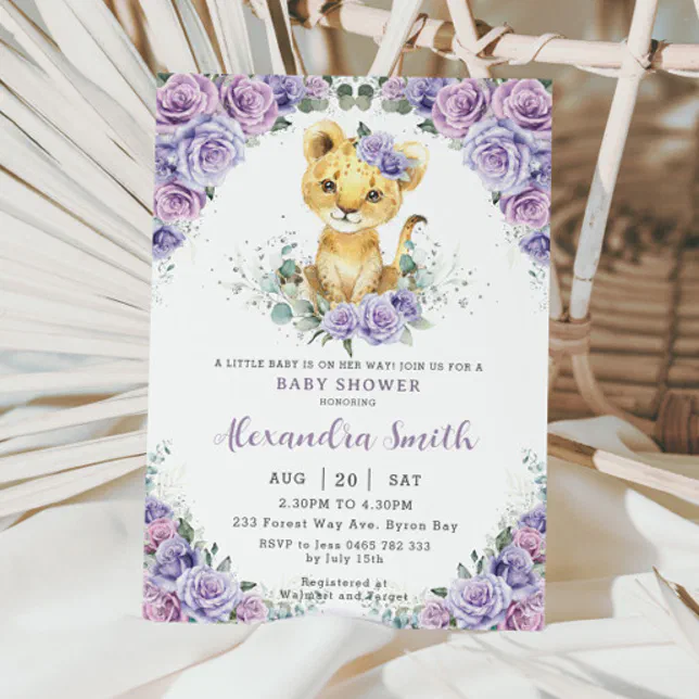 Purple Lilac Floral Adorable Lion Cub Baby Shower Invitation | Zazzle