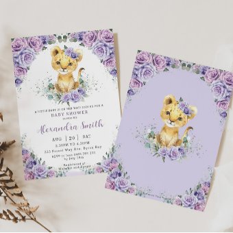 Purple Lilac Floral Adorable Lion Cub Baby Shower Invitation | Zazzle