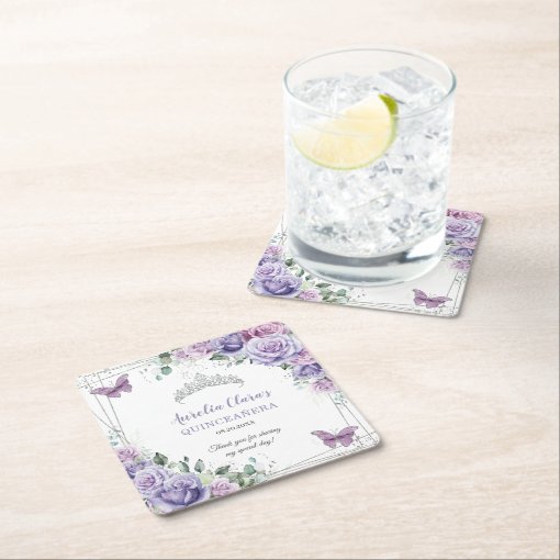 Purple Lilac Floral Butterflies Silver Quinceanera Square Paper Coaster ...