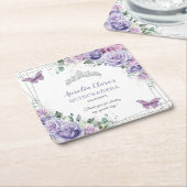Purple Lilac Floral Butterflies Silver Quinceanera Square Paper Coaster ...