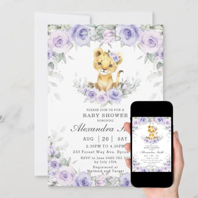 Purple Lilac Floral Cute Lion Cub Girl Baby Shower Invitation | Zazzle