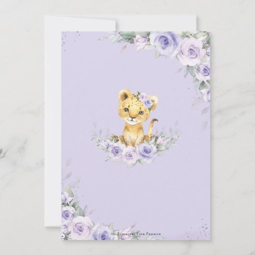 Purple Lilac Floral Cute Lion Cub Girl Baby Shower Invitation | Zazzle
