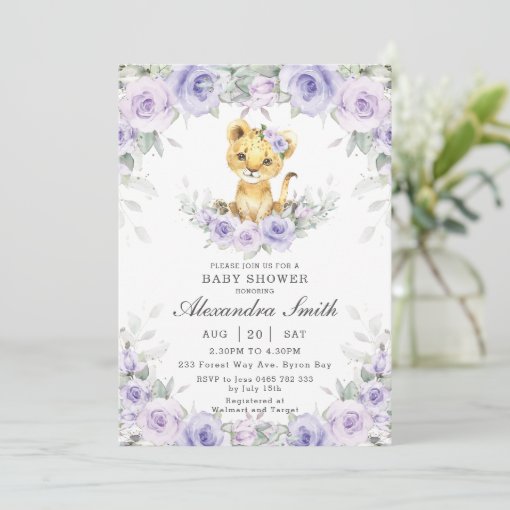 Purple Lilac Floral Cute Lion Cub Girl Baby Shower Invitation | Zazzle