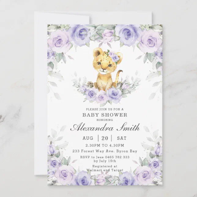 Purple Lilac Floral Cute Lion Cub Girl Baby Shower Invitation | Zazzle