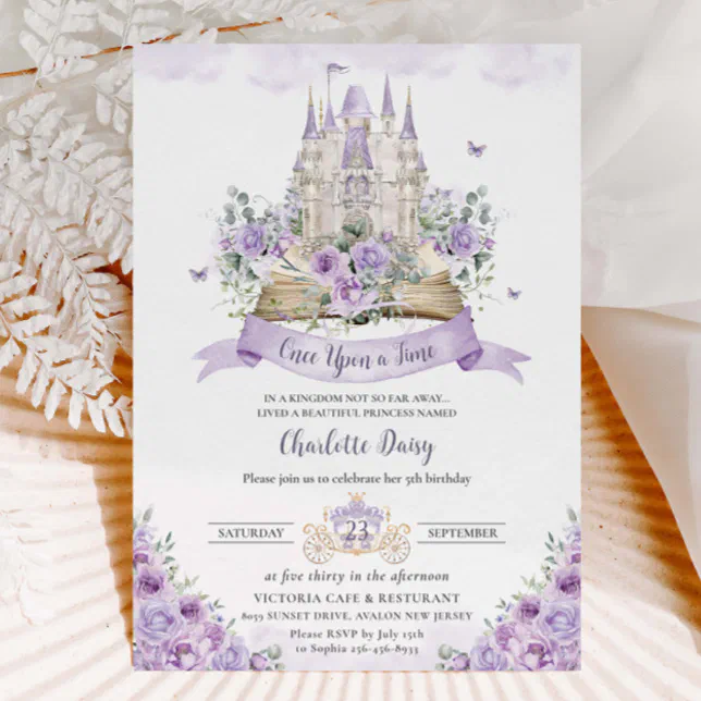Purple Lilac Floral Princess Castle Storybook Invitation | Zazzle