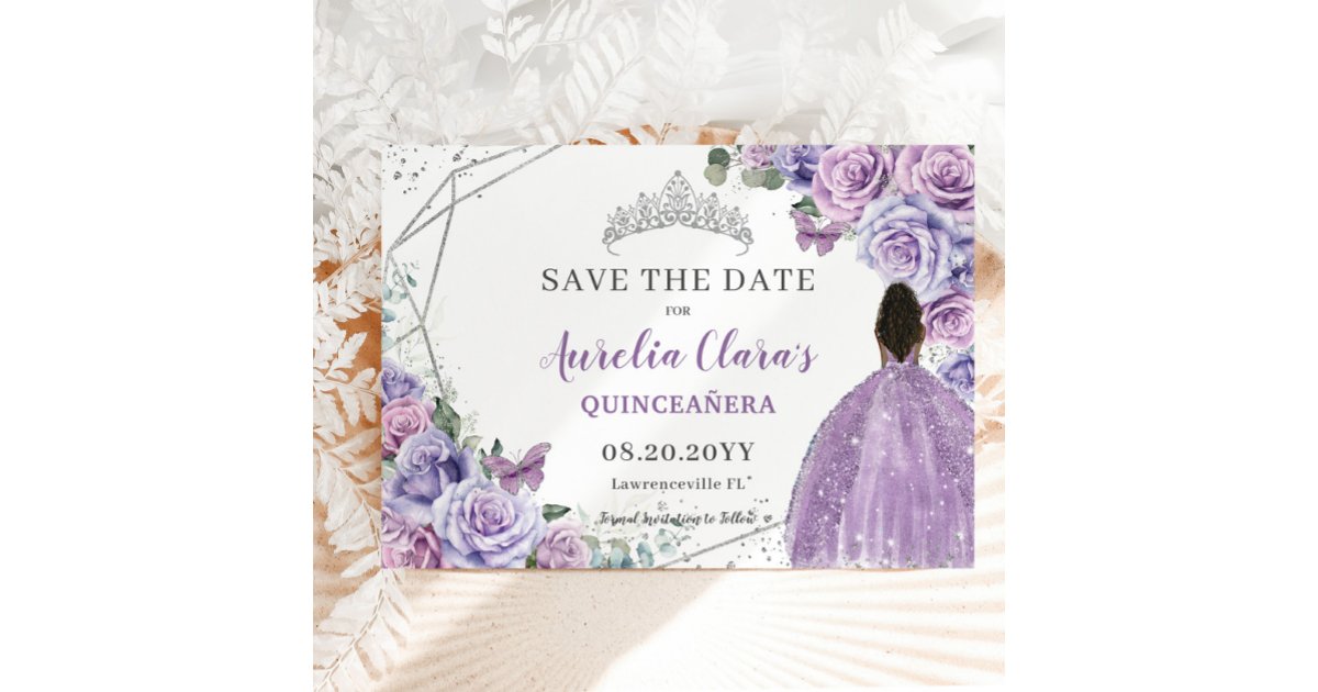 Purple Lilac Floral Quinceanera Brown Princess Save The Date | Zazzle