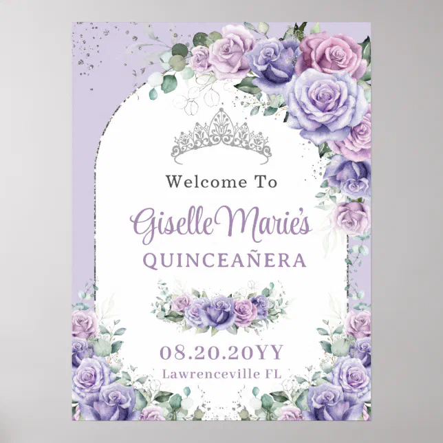 Purple Lilac Floral Rose QUINCEAÑERA Silver Arch Poster | Zazzle