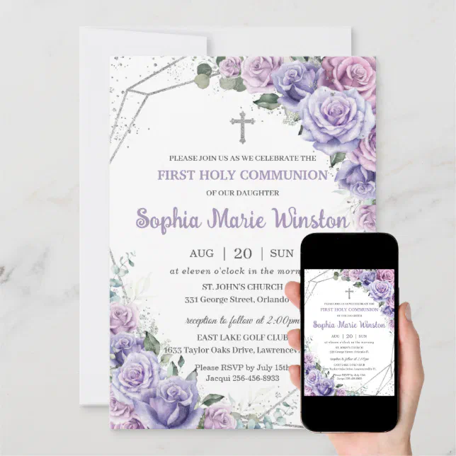 Purple Lilac Floral Silver First Holy Communion Invitation | Zazzle