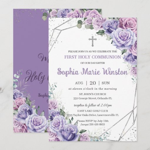Purple Lilac Floral Silver First Holy Communion Invitation | Zazzle