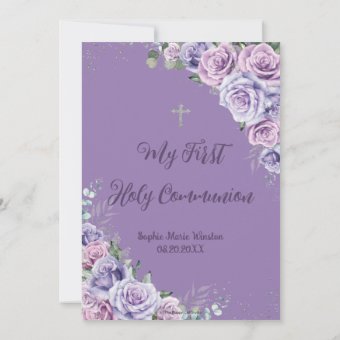 Purple Lilac Floral Silver First Holy Communion Invitation | Zazzle