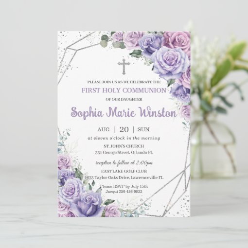 Purple Lilac Floral Silver First Holy Communion Invitation | Zazzle