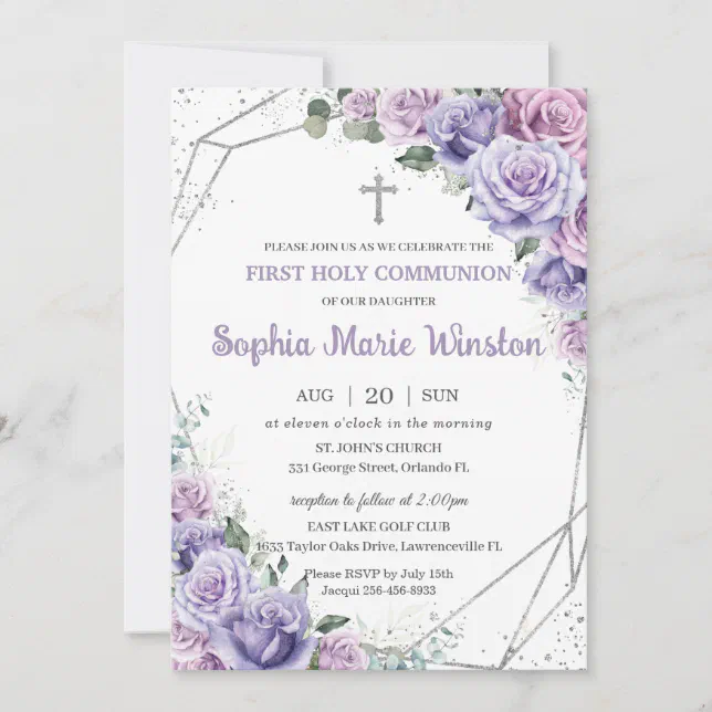 Purple Lilac Floral Silver First Holy Communion Invitation | Zazzle