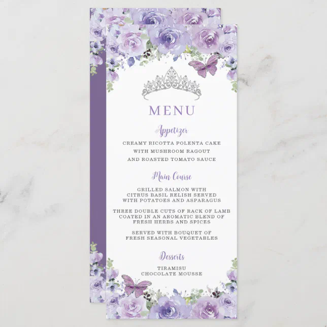 Purple Lilac Floral Silver QUINCEAÑERA Party Menu | Zazzle