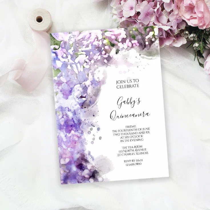 Purple Lilac Flowers Watercolor Quinceanera Party Invitation | Zazzle