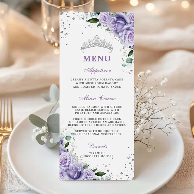Purple Lilac Lavender Floral Quinceañera XV Menu | Zazzle