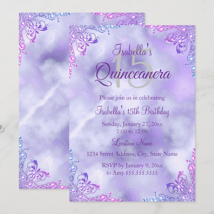 Purple Lilac Quinceanera 15th Silver Pearl Damask Invitation | Zazzle
