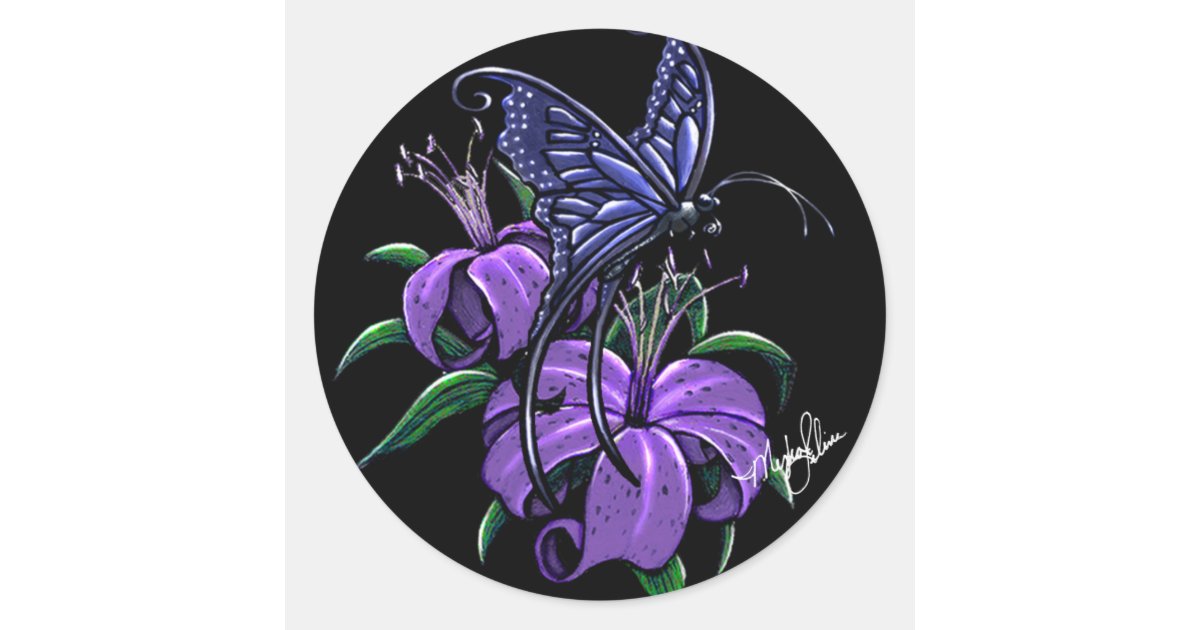 Purple Lillies Blue Butterfly Fantasy Art Stickers | Zazzle