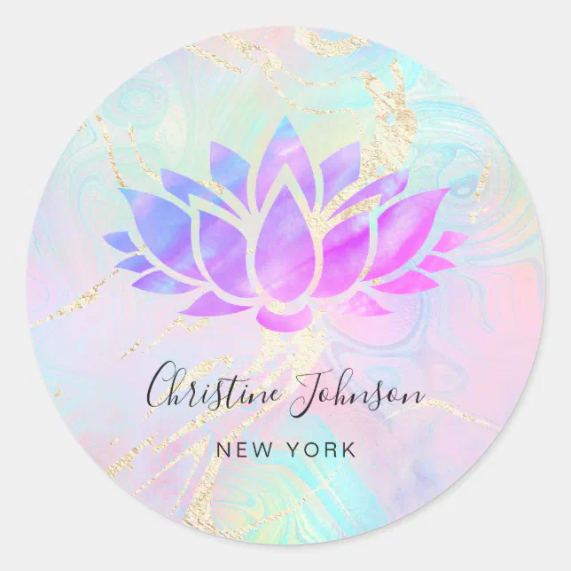 purple lotus logo on faux holographic design classic round sticker | Zazzle